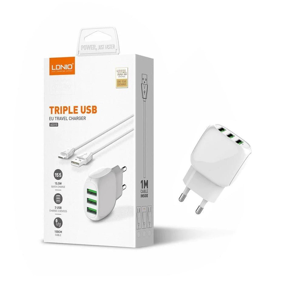 LDNIO Fast Charging Adapter with Type -C Cable 15.5W USB (3 Ports) EU ...